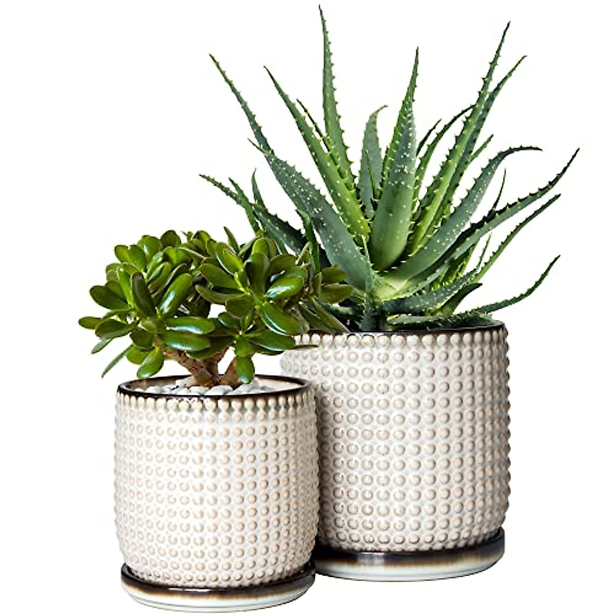 Set of 2, 6 Inch & 4 Inch Ceramic Indoor Planter Pots with Drainage Hole and Saucer, Beaded Design Flower Pots, Smoked White, 27-H-B-SW-ZS