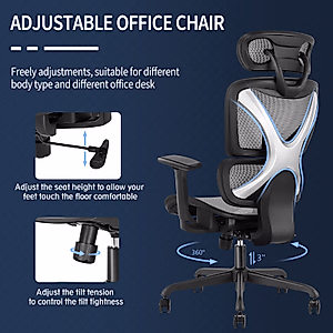 GABRYLLY Office Chair, Large Ergonomic Desk, High Back Computer Chair with Lumbar Support, 3D Armrest, Breathable Mesh, Adjustable Headrest with Tilt Function, Easy Assembly(Grey)