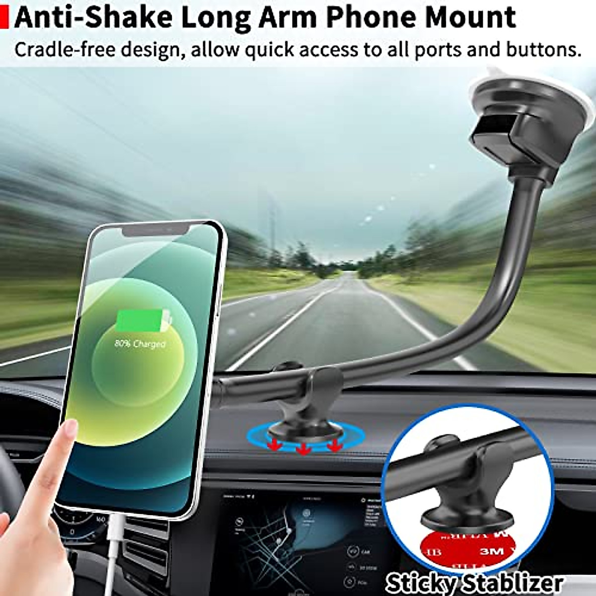 Windshield Car Phone Mount Long Arm, APPS2Car 13 Inches Gooseneck Magnetic Window Mobile Holder for Truckers Drivers Semi Truck SUV MPV Vehicle Compatible with All iPhone Samsung Phones iPad Mini