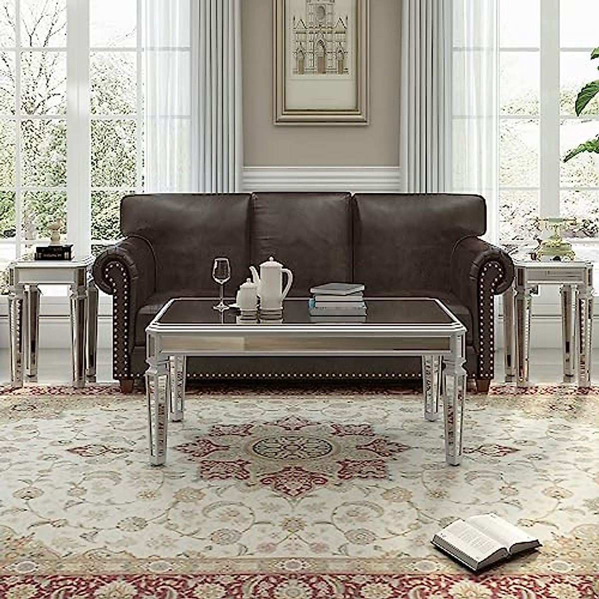 Harper & Bright Designs 3 Piece Coffee Table Set for Living Room Sofa Table Set Glass Mirrored Coffee Table Set of 3 with Adjustable Height Legs, Moderate Luxury Center Table for Living Room, Silver