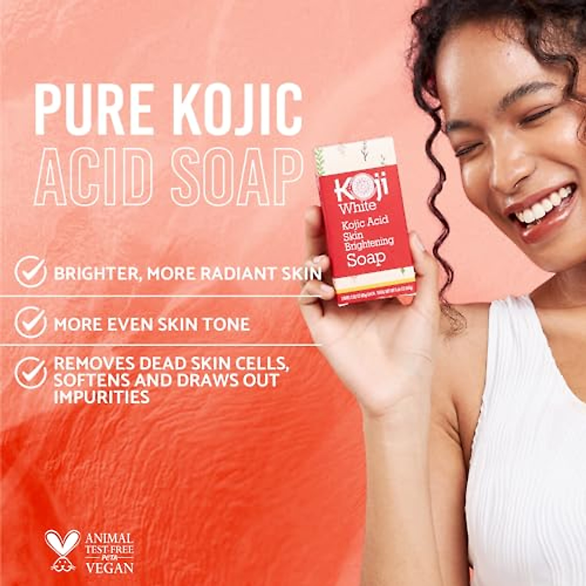 Koji White Pure Kojic Acid Skin Brightening Soap for Pigmentation with Hyaluronic Acid, Vitamin C - Even Tone Cleansing Bar, Sun Damage Skin with Tea Tree, Coconut Oil, Vegan, 2.82 oz (2 Bars)