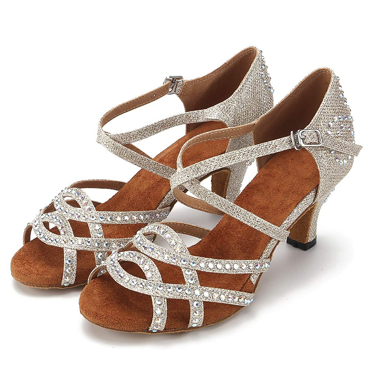 JUODVMP Women's Ballroom Latin Salsa Shoes Gold Braided Cross-Straps 3 1/3 inches Heel Performance Dance Shoes,7.5 US