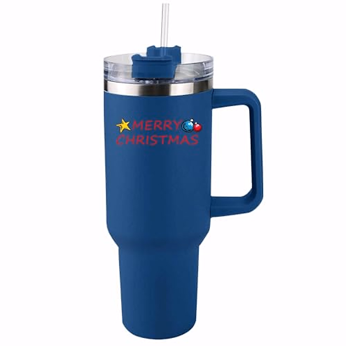 LB LEOBON 40 ounce insulated cup with handle, double-layer vacuum stainless steel material, equipped with straw, can keep warm or maintain cold drinks Merry Christmas Stars Balls Cowboy Blue