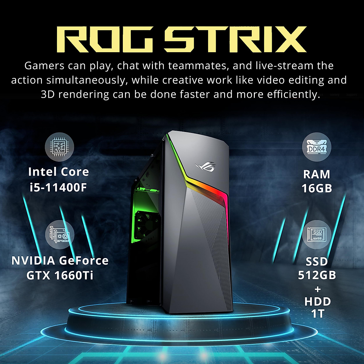 ASUS ROG Gaming Desktop, Intel Core i5-11400F Processor, 16GB DDR4 RAM, 512GB PCIe SSD, NVIDIA GeForce GTX 1660TI 6GB DDR6, WiFi 6, Win 11, Grey, 32GB Hotface USB Card