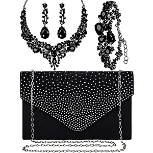 Epakh 4 Piece Black Clutch Purses Jewelry Set for Women, Glitter Rhinestone Evening Bag Handbag, Crystal Necklace, Earrings and Bracelet Black Costume Sets for Women Bridal Wedding Party