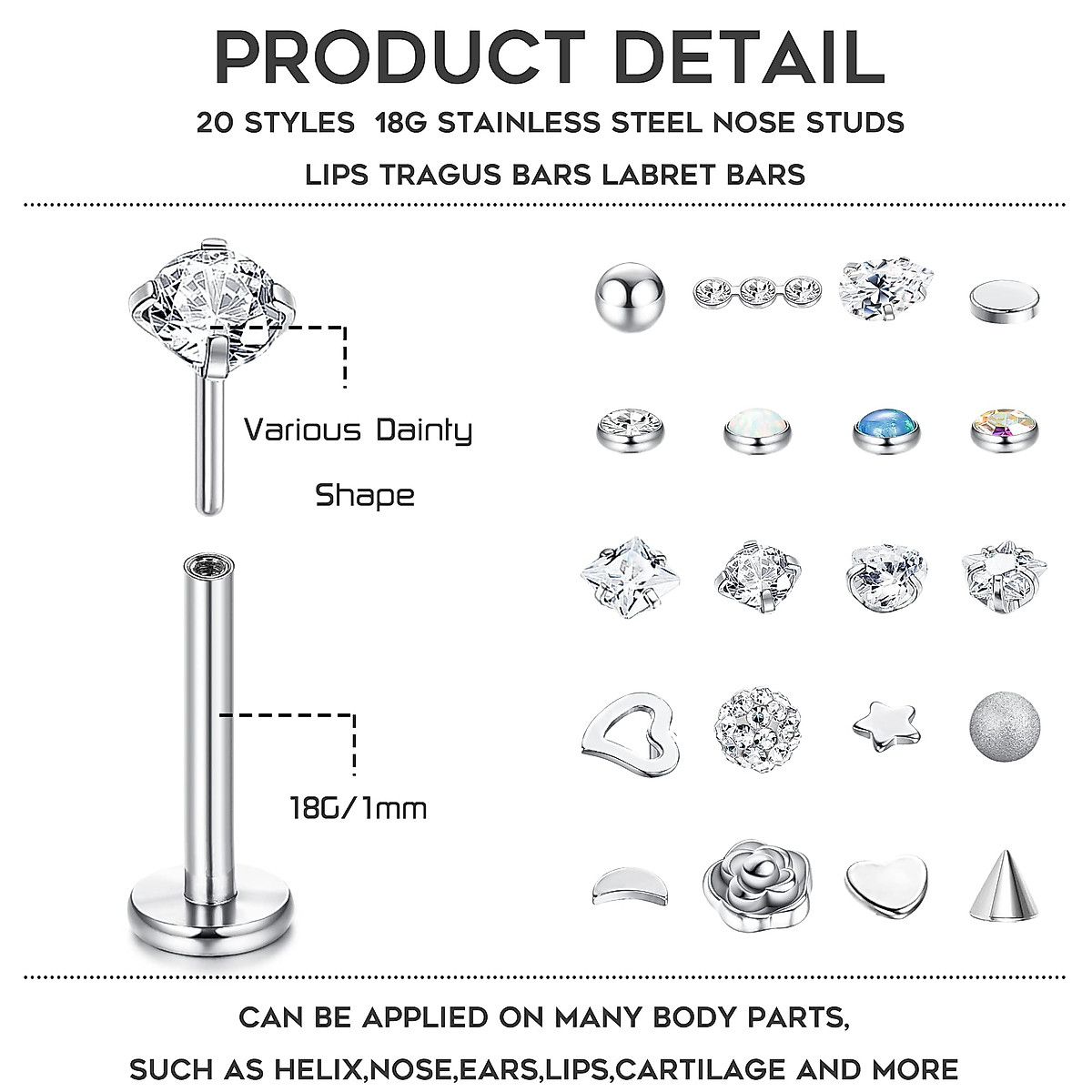 Subiceto 18G 20Pcs Threadless Push in Nose Stud Rings Lip Rings for Women Men Flat Back Earrings Cz Ball Heart Stainless Steel Silver 18G 8mm