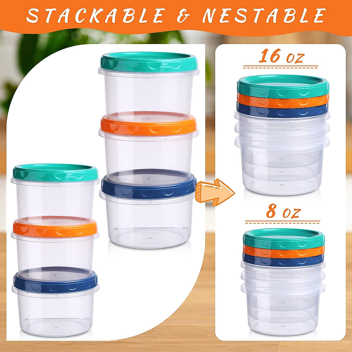 Tioncy 36 Pack Texture Freezer Storage Containers with Lids Reusable Twist Top Plastic Food Containers Round Wide Mouth Lunch Jars Freezer Deli Containers (8 oz, 16 oz)