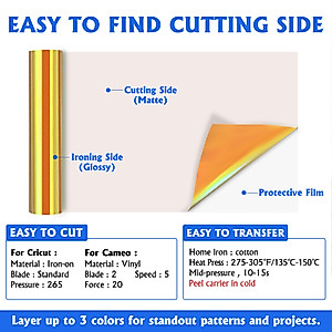 Holographic HTV Heat Transfer Vinyl HTV Vinyl Bundle – 12" x 20" 2 Sheets/Roll, 5 Rolls Easy to Cut & Weed Iron-On Vinyl for T-Shirts, DIY Projects 5 Colors Iron on Vinyl for Heat Press Machine