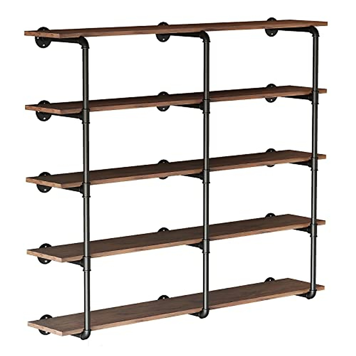 LBSLMJB Industrial Iron Pipe Shelving 5-Story Rustic Black DIY Open Pipe Shelves with Wood Planks Bookshelf, Wall Mount Hanging Steampunk Storage Office Room Kitchen Shelves