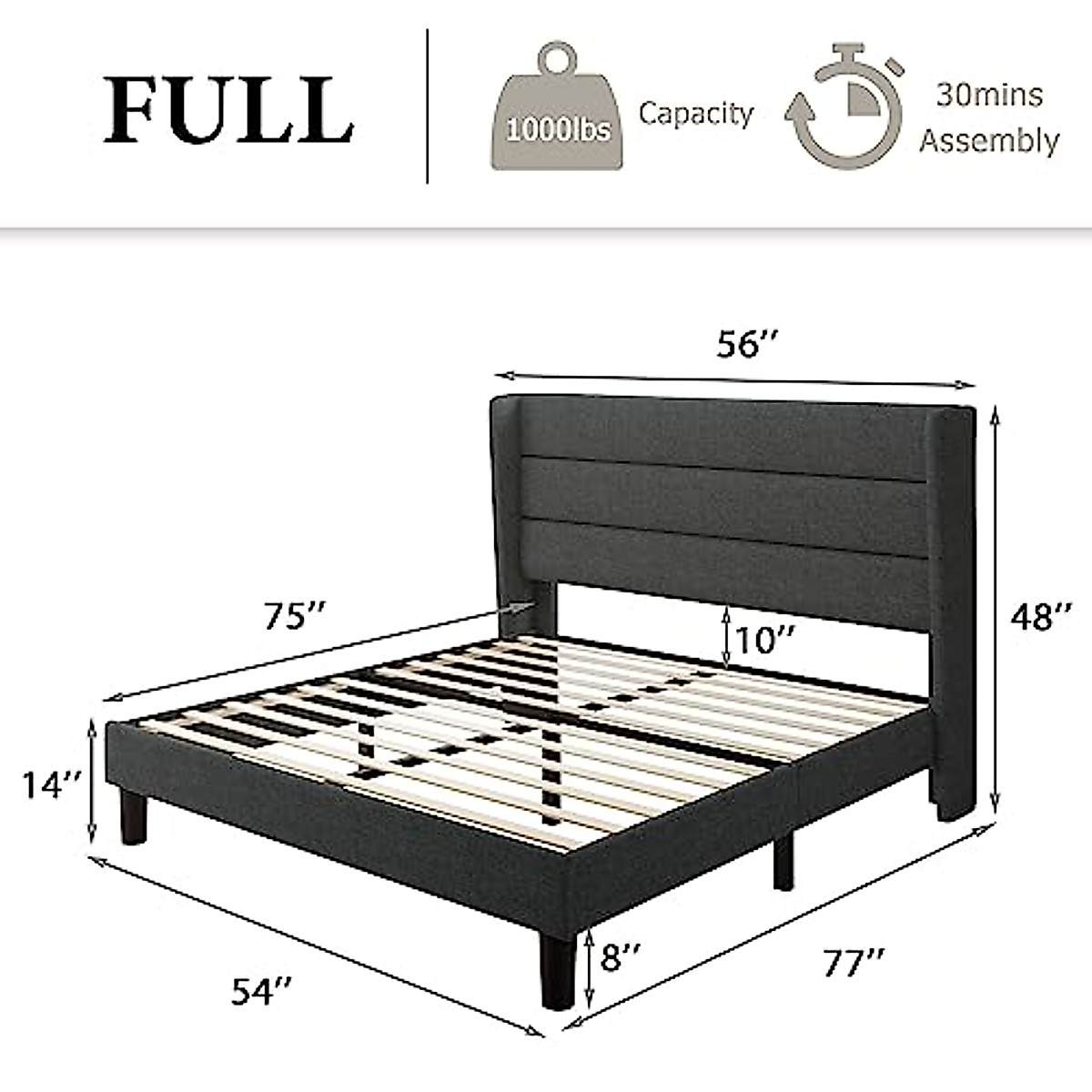 iPormis Full Size Bed Frame with Wingback, Modern Upholstered Platform Bed with 8'' Under-Bed Storage, Fabric Headboard, Wood Slats Support, No Box Spring Needed, Noise-Free, Easy Assembly, Dark Gray