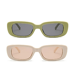 ENTHYI Rectangle Sunglasses for Women Retro 90s Sunglasses Small Narrow Square Frame UV400 Protection (Sand green + beige)