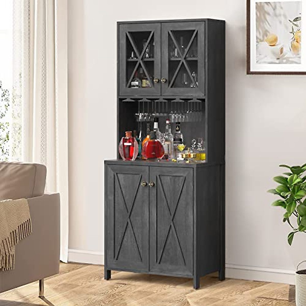 YITAHOME Farmhouse Bar Cabinet for Liquor and Glasses, Dining Room Kitchen Cabinet with Wine Rack, Upper Glass Cabinet, Open Storage Shelves for Living Room, Hallway, Charcoal Grey