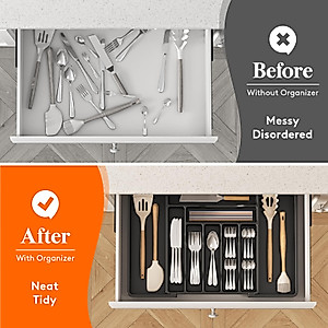 Lifewit Silverware Drawer Organizer, Expandable Utensil Organizer for Kitchen Drawers, Adjustable Cutlery and Flatware Tray, Plastic Spoons Forks Knives Holder Storage Dividers, Large, Black