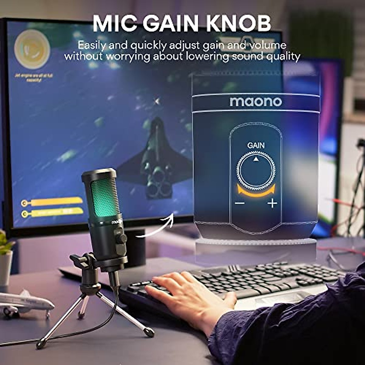 MAONO USB Gaming Microphone for PC, Computer Condenser Mic with Gain Knob, RGB Light, Tripod Stand for Recording, Podcasting, Streaming, Compatible with PS5 PS4 Mac Laptop Desktop (PM461TR RGB)