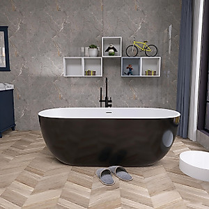 KUIKUI Classic Oval Shape Soaking Bathtub, 55" Acrylic Free Standing Bathtub withe Freestanding, Integrated Slotted Overflow,Pop-up Drain, Anti-clogging Black