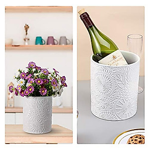 MEIGUI Ceramic Utensil Holder, 7.5 inch High Utensil Holder for Countertop, Modern Cooking Large Utensil Caddy, Durable and Stylish Kitchen Utensil Crock, Flower White