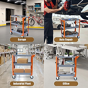 HPDMC 3-Tier Utility Cart 1000lbs Capacity Heavy Duty Metal Service Cart with Wheels, Rolling Tool Cart on Wheels, Garage Tool Push Cart for Mechanic, Garage, Workshop, Warehouse, Office