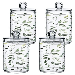 Kigai 2PCS Green Leaves Qtip Holder Dispenser with Lids - 14 oz Bathroom Storage Organizer Set, Clear Apothecary Jars Food Storage Containers, for Tea, Coffee, Cotton Ball, Floss