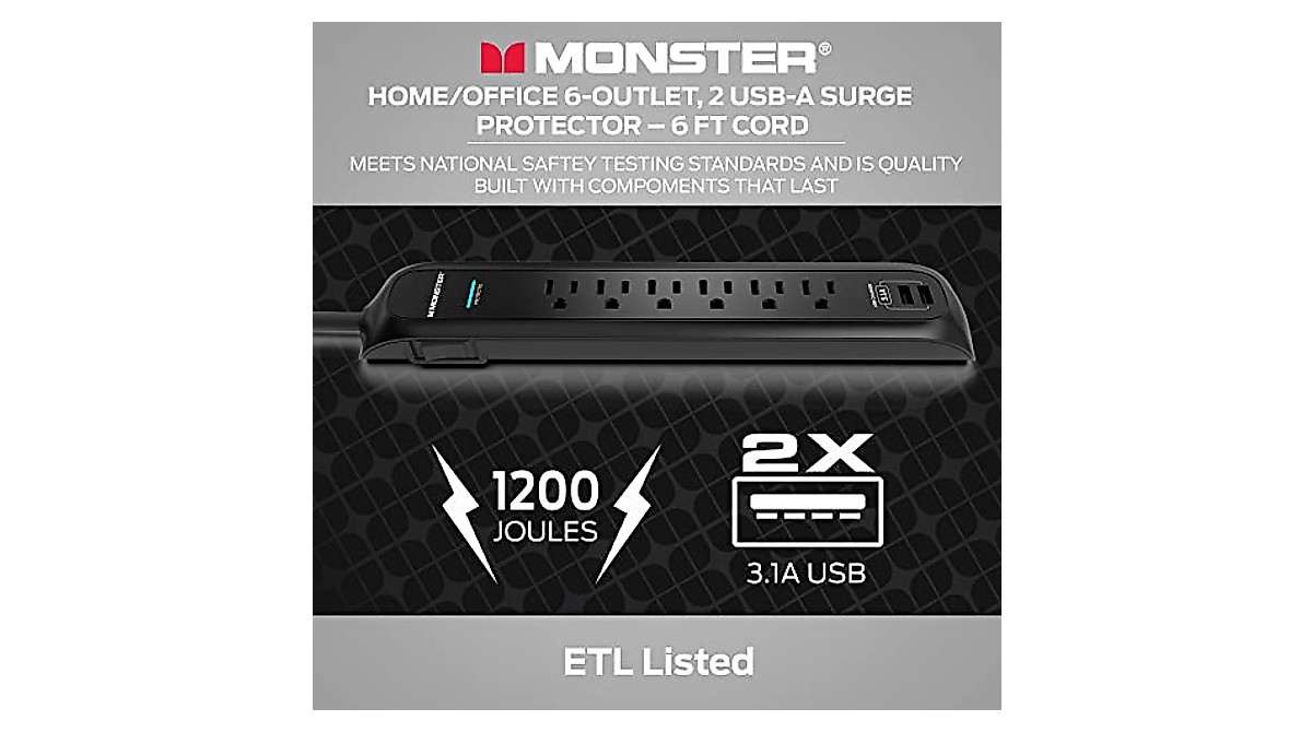 Monster Heavy Duty Surge Protector 6 Outlets & USB Ports - 1200J