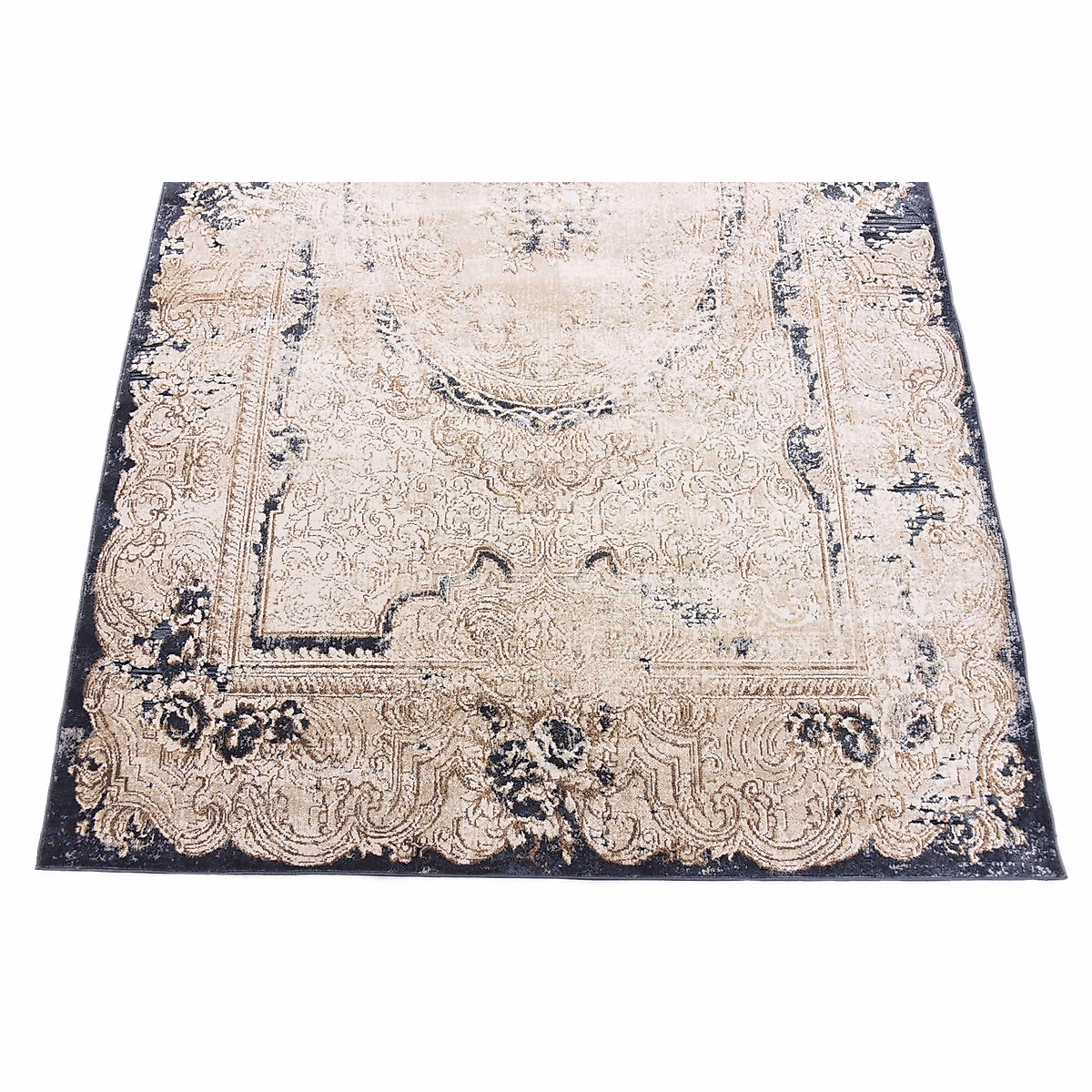 Unique Loom Chateau Collection Rustic, Vintage, Medallion, Textured, Distressed, Traditional Area Rug, 5 ft x 8 ft, Beige/Navy Blue