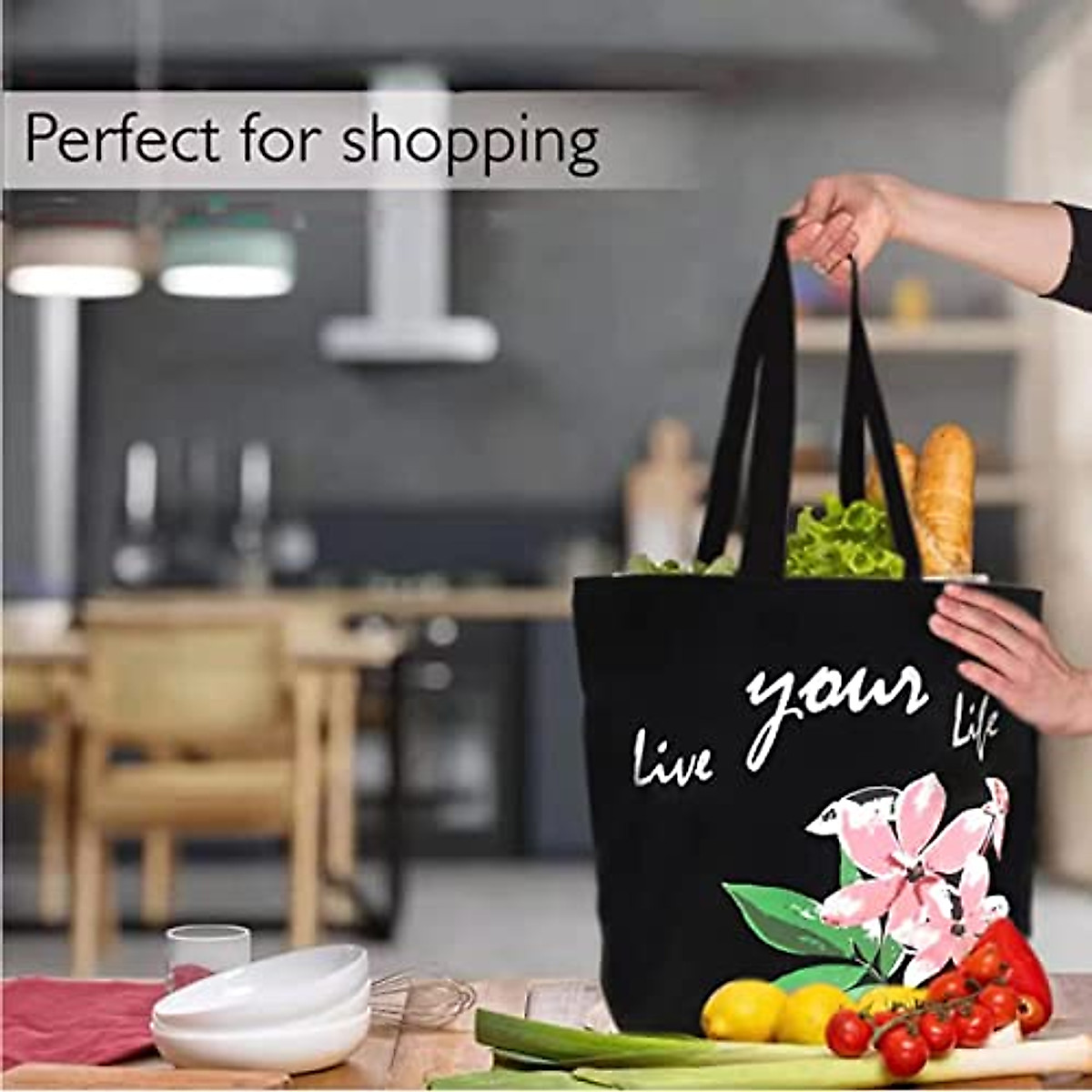 MEL JUN Canvas Tote Bag for Women, Light Beach Bags Gym Tote Reusable Grocery Bag Reading Totes Weekend Church Bag Black Floral Tote Bags with Pink Flower