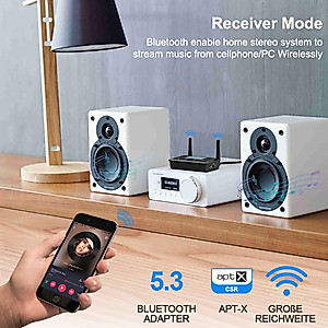1Mii B03+ Bluetooth Transmitter Receiver for TV Home Stereo, Long Range Bluetooth 5.3 Adapter for TV Audio with Screen, aptX Low Latency & HD, Optical RCA AUX 3.5mm Inputs/Outputs