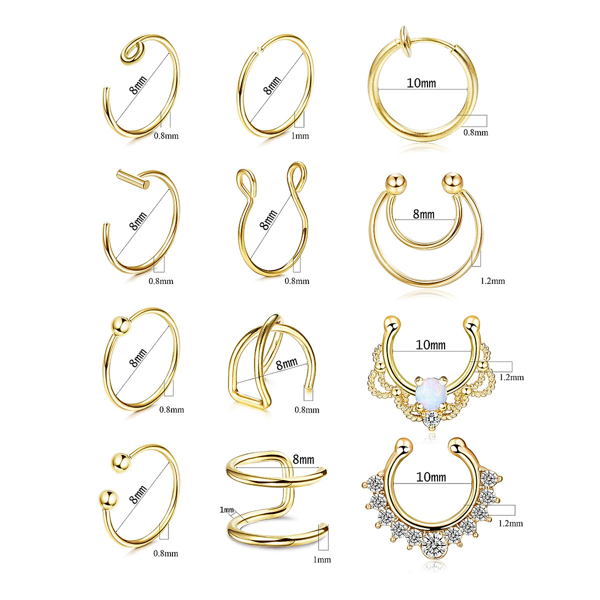 ORAZIO 12Pcs Fake Nose Rings Hoop Stainless Steel Faux Septum Piercing Clip On Nose Septum Ring Faux Non-Pierced Nose Rings Earrings Jewelry