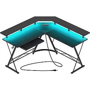 Rolanstar L Shaped Computer Desk with LED Lights and Power Outlets, 54" Gaming Desk with Keyboard Tray, Corner Desk with Monitor Stand, Home Office Desk with Hook, Black