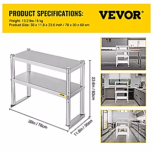 VEVOR Double Overshelf, Double Tier Stainless Steel Overshelf, 30 in. L x 12 in. W Double Deck Overshelf, Height Adjustable Overshelf for Prep & Work Table in Kitchen, Restaurant