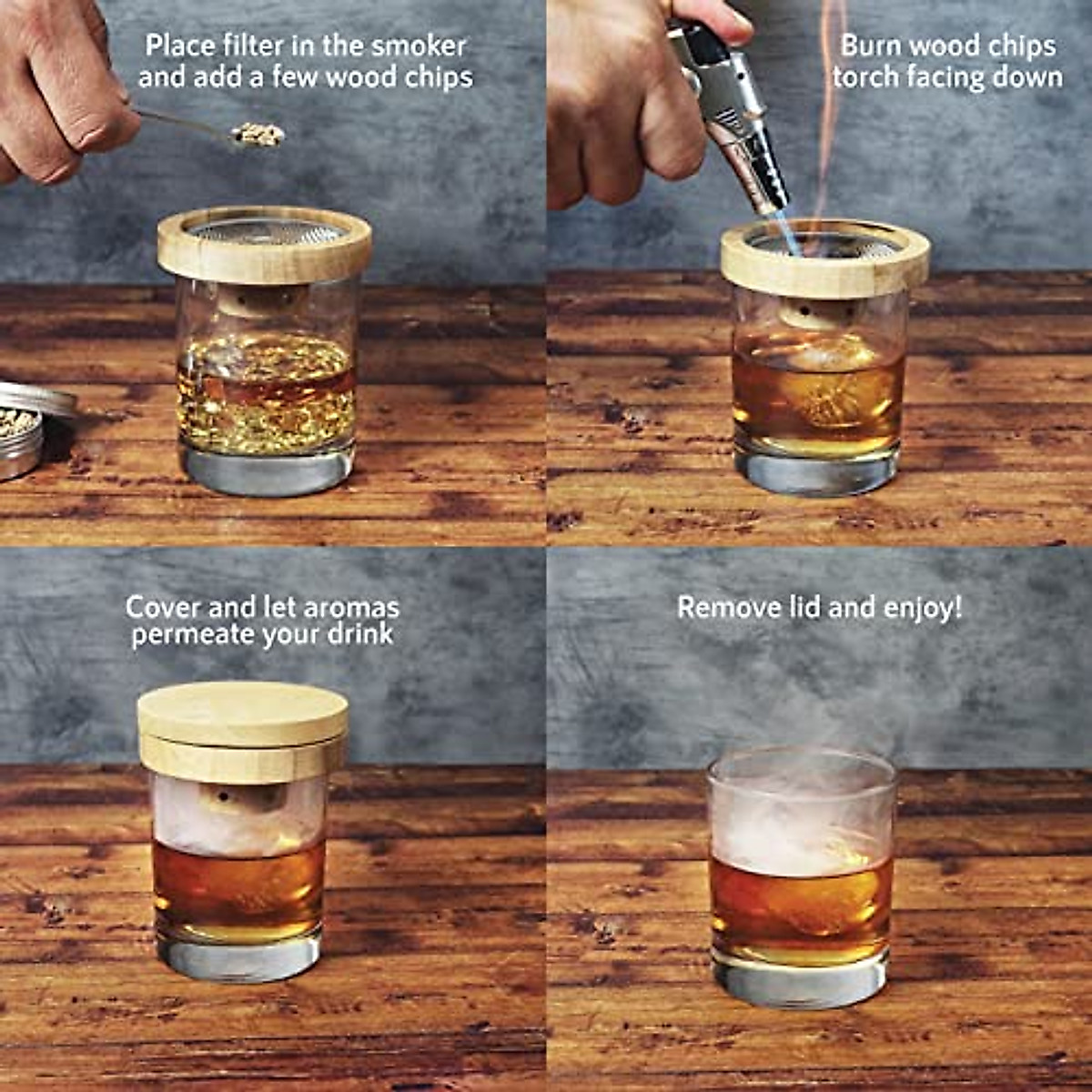 Cocktail Smoker Kit for Whiskey Old Fashion and Bourbon | with Torch 4 Flavors of Wood Chips Food Grade Torch Wooden Case
