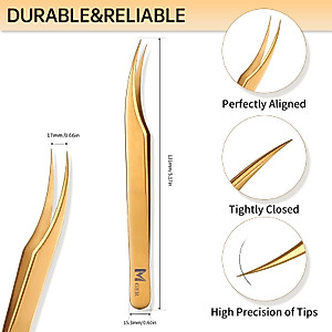Lash Tweezers for Eyelash Extension, Hand Calibrated Dolphin-shaped Tip eyelash tweezers, False Lash Application Tools, Lash extension tweezers gold