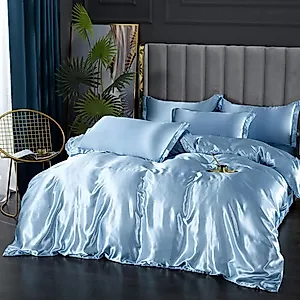 Feelyou Light Blue Silk Like Satin Bedding Set Queen Women Duvet Cover Set Luxury Soft Comforter Cover Adults Bedroom Decor Chic Luxurious Silky Bedspread Cover Zipper (1 Duvet Cover + 2 Pillow Case)