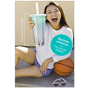 Bumbler 24oz Large Reusable Portable Eco-Friendly Tumbler | Drinking Cup with Wide Soft Tip Straw, Aesthetic Leak-Proof Lid – for Boba Tea, Smoothies, Iced Coffee, Hot or Cold Drinks – White