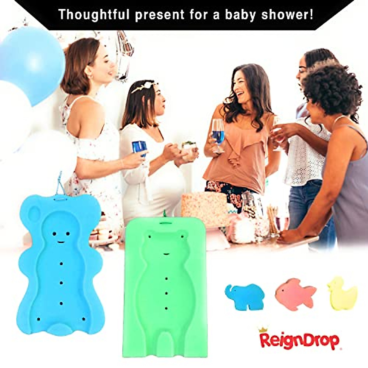 ReignDrop Baby Bath Sponge Mat for Tub – Safe Fun Sponge Bath Mat, Toys for Newborns – Toddler Bathing Cushion Insert with Inbuilt Drying Hanger – Bath Time Rest and Support for Sink (Small Bear)