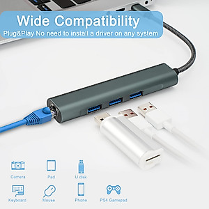 HENRETY USB C to Ethernet Adapter, 4-in-1 USB-C to USB 3.0 Hub with Gigabit Ethernet Adapter for MacBook Pro/Air, iPad Pro, iMac, XPS, Surface Pro, Notebook Laptop UC164 Dell XPS and More(Gray)
