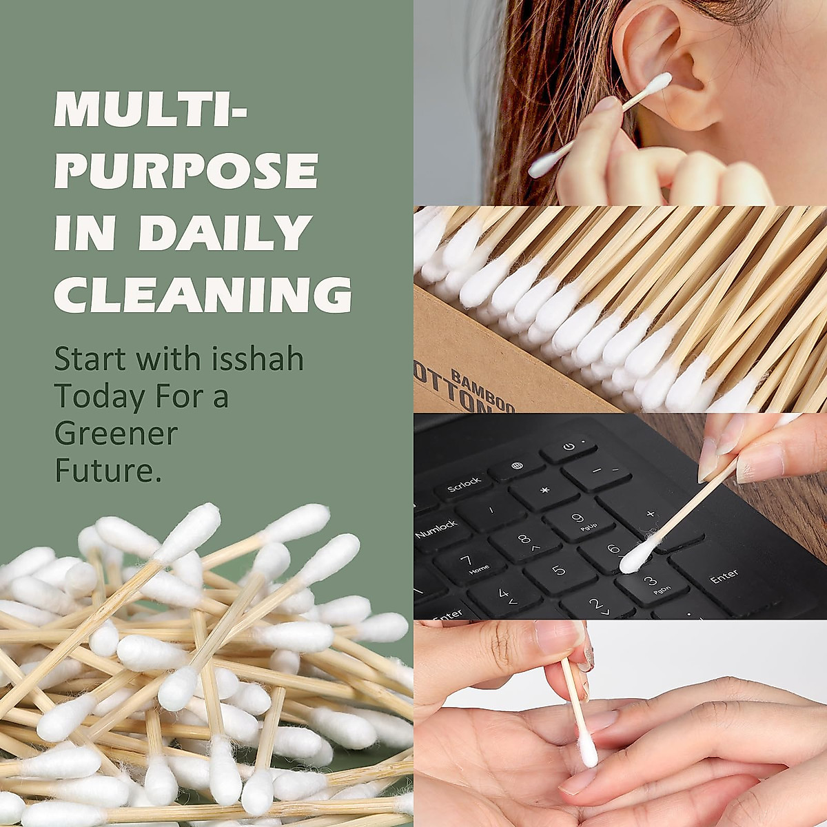 Bamboo Cotton Swabs - 2000 Count - FSC Certified and PETA Approved, Eco Friendly Double Tips, Plastic Free Ear Sticks, All Natural 100% Biodegradable Organic Cotton Buds by Isshah