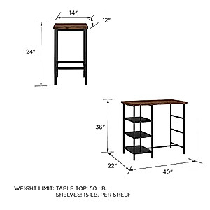 Dorel Living Cosmo 3-Piece Metal Pub Set With Wood Top, Dark Mahogany