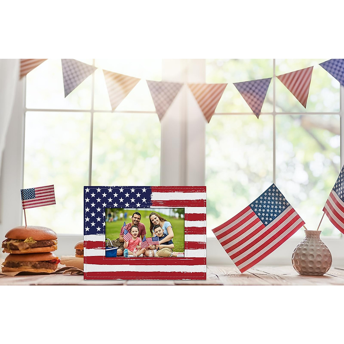 PETCEE American Flag Picture Frame Independence Day Wooden Photo Frame 4th of July Picture Frame Veterans Day Gift American Star Patriotic Desktop Decoration Christmas Memories Day Gift Supplies