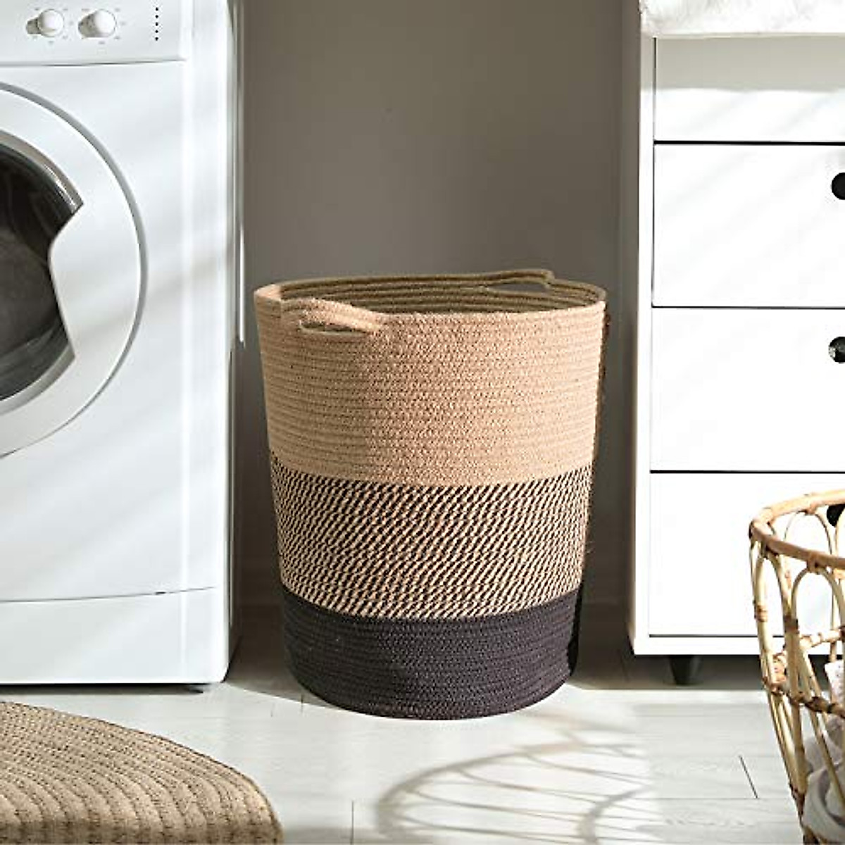 INDRESSME Large Jute Rope Basket - Tall Laundry Basket Hamper for Dirty Clothes Woven Jute Storage Basket for Blanket in Living Room Toy Basket for Nursery Storage, 17.8" x 15.8" x 13.8"