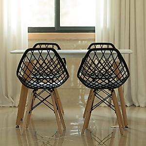 Fabulaxe Mid-Century Modern Style Plastic DSW Shell Dining Chair with Lattice Back and Wooden Dowel Eiffel Legs, Black