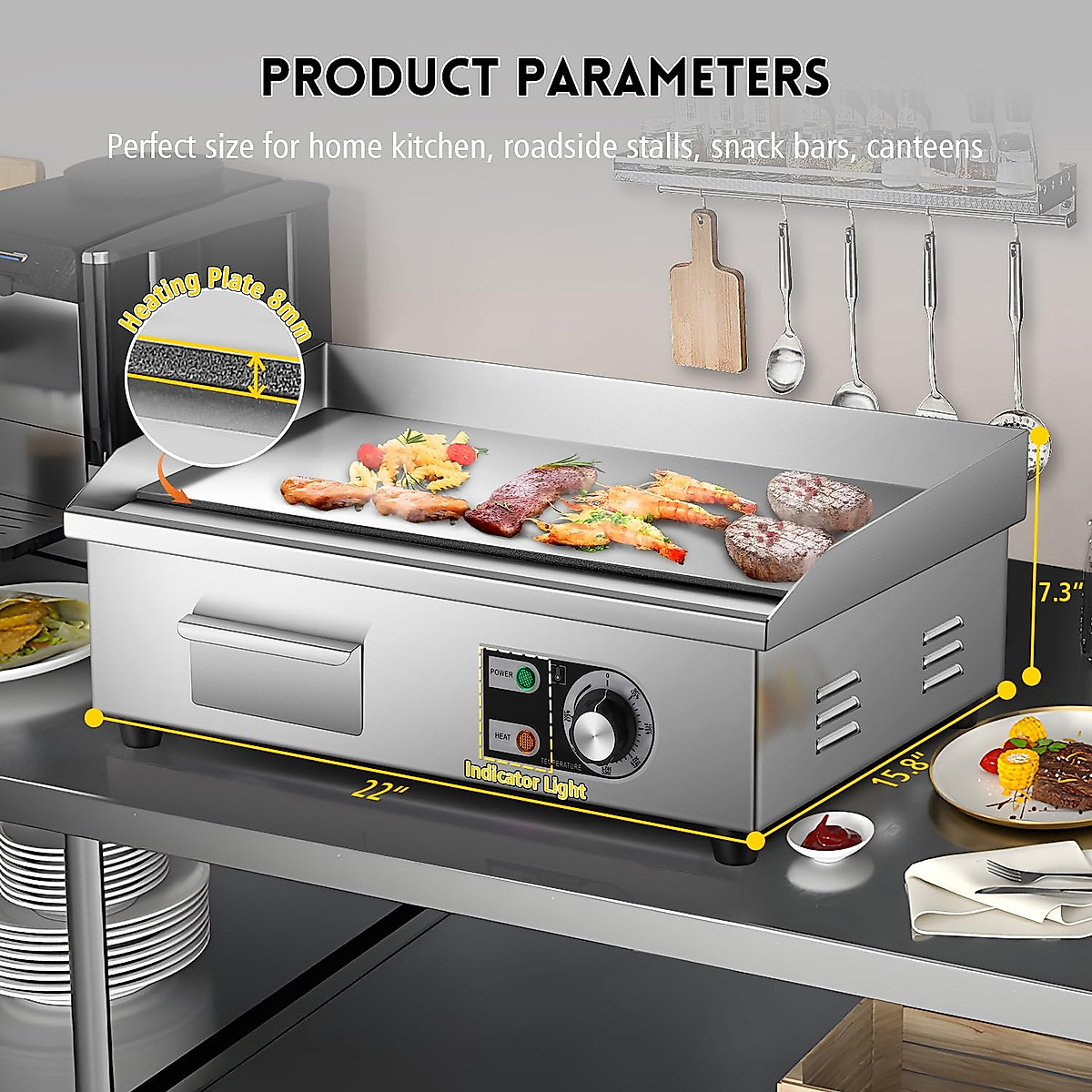 Moogiantgo Commercial Electric Griddle 22’’, 1600W Non-Stick Countertop Flat Top Grill Stainless Steel, Removable Oil Box, Adjustable Temperature 0-300℃, Teppanyaki Grill for Restaurant Kitchen, 110V