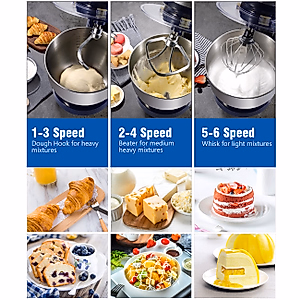 Stand Mixer, Petalirs 6 QT 660W 6-Speed Tilt-Head Food Mixer, Kitchen Electric Mixer with Dough Hook, Wire Whip & Beater