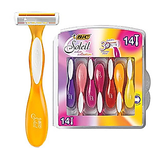 BIC Soleil Smooth Colors Women's Disposable Razors With Aloe Vera and vitamin E Lubricating Strip for Enhanced Glide, With 3 Blades, 14 Count