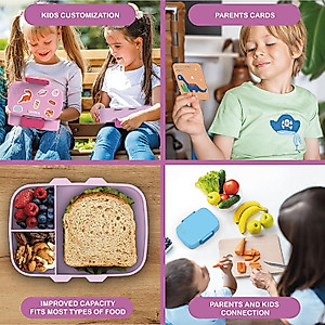 Kids Bento Lunch Box For Boys and Girls With Cutlery Set, Sticker Sheets (5+ Years) - 880 ML Leakproof 3 Compartment Lunch Box for kids, Portion Control Bento Box Kids with Free Parent Cards - Lilac