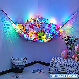 Basumee Stuffed Animals Net or Hammock with LED Light Hanging Toy Net Hammock for Stuffed Animals Storage Stuff Animals Hammocks for Nursery Kids Room with Remote Control, 8 Kinds of Lights, Rainbow