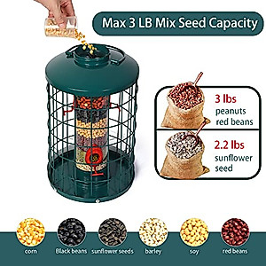 Mosloly Caged Bird Feeder for Wild Birds Outside, Large Squirrel-Proof Heavy-Duty Metal Hanging Tube Bird Feeder, 4 Feeding Ports, 13.2'' High, 3LB Seed Capacity (Green)