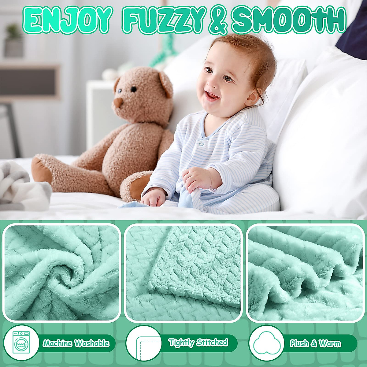 Chumia 4 Pcs Baby Blanket Flannel, Cozy Throw Fuzzy Blanket for Newborn Sherpa Blanket Crib(Lake Green, 24 x 32 Inch)