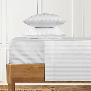 Damask Stripe Queen Size 7-Piece Duvet Cover and Bed Sheet Set 17 inch Deep Pocket - Complete Luxury Soft 1000 Thread Count 100% Egyptian Cotton Bedding Set - White
