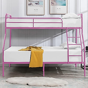 Bunk Bed Twin Over Full, Bunk Beds Twin Over Full with Metal Guardrail and Ladder, Space-Saving, Heavy Duty Queen Bunk Bed for Boys, Girls, Teens, Adult,No Box Spring Needed (Pink)