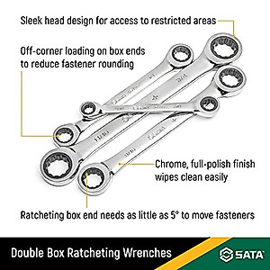 SATA 4-Piece Full-Polish SAE Ratcheting Wrench Set, Double Box Design with 72-Tooth Gear and Off-Corner Loading - ST46134U